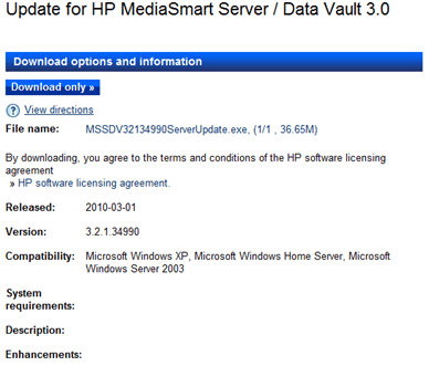 Update for HP MediaSmart Server / Data Vault 3.0 - Movies Games and Tech